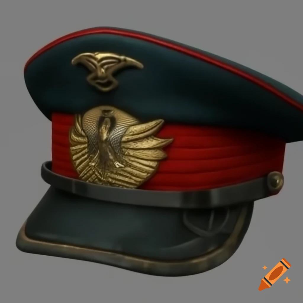 Battle-scarred military general's hat featuring a golden dragon emblem ...