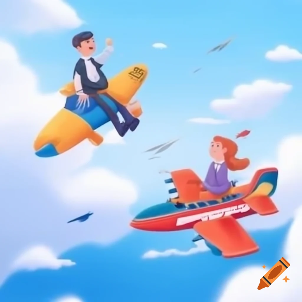 Cartoon illustration of two people on planes waving at each other in ...