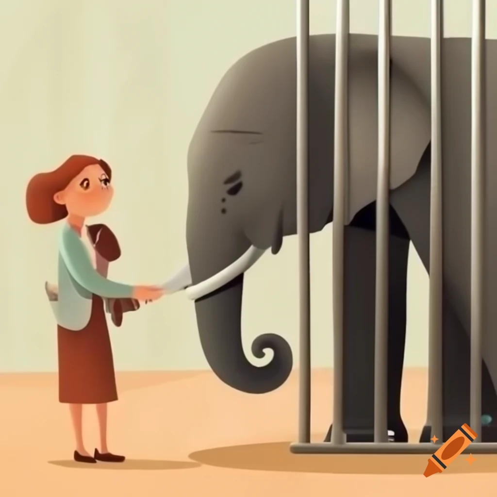 Woman petting elephant at zoo illustration with bars on Craiyon