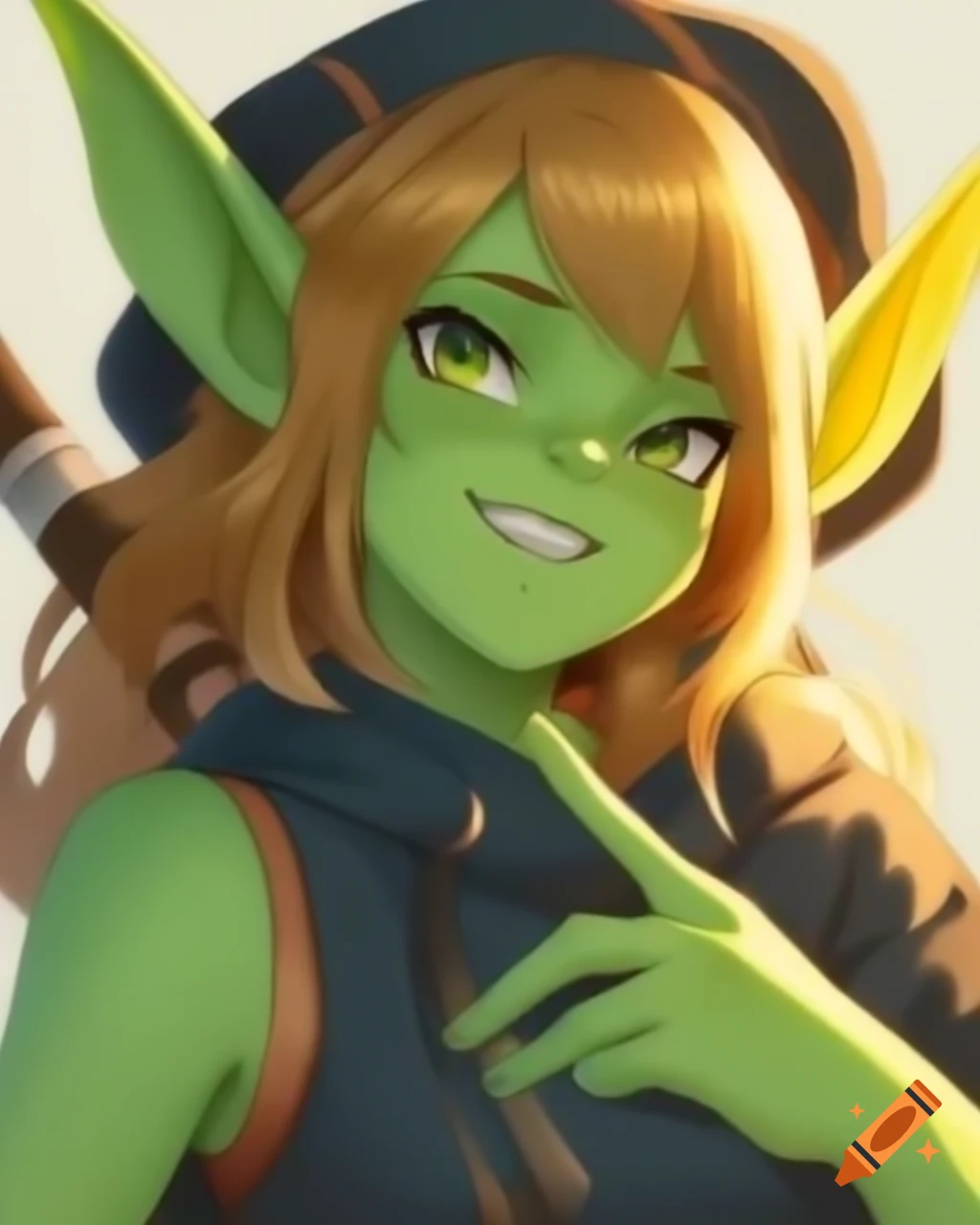 Green-skinned goblin girl winking playfully in anime style on Craiyon