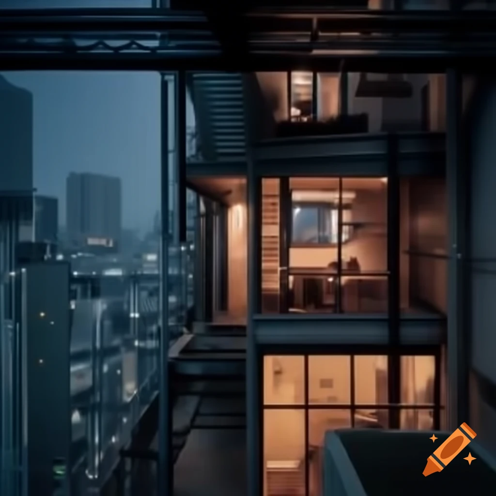 High-rise industrial loft in Tokyo at night with neon reflections ...