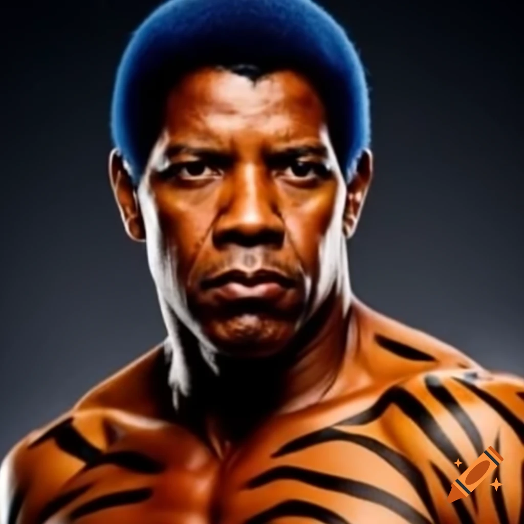 Muscular man with tiger-style makeup and vibrant hair colors on Craiyon