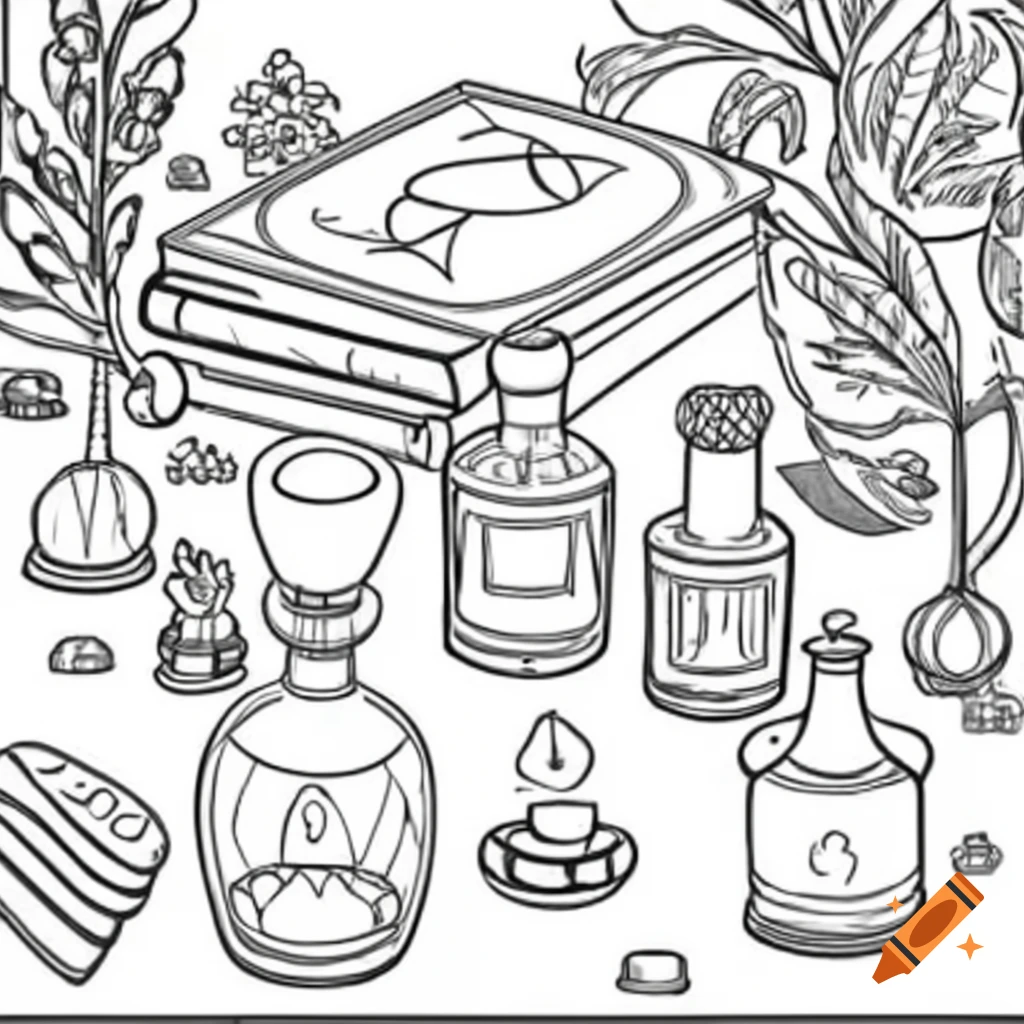 Outline of table with potion bottles, candles, and spell book for ...