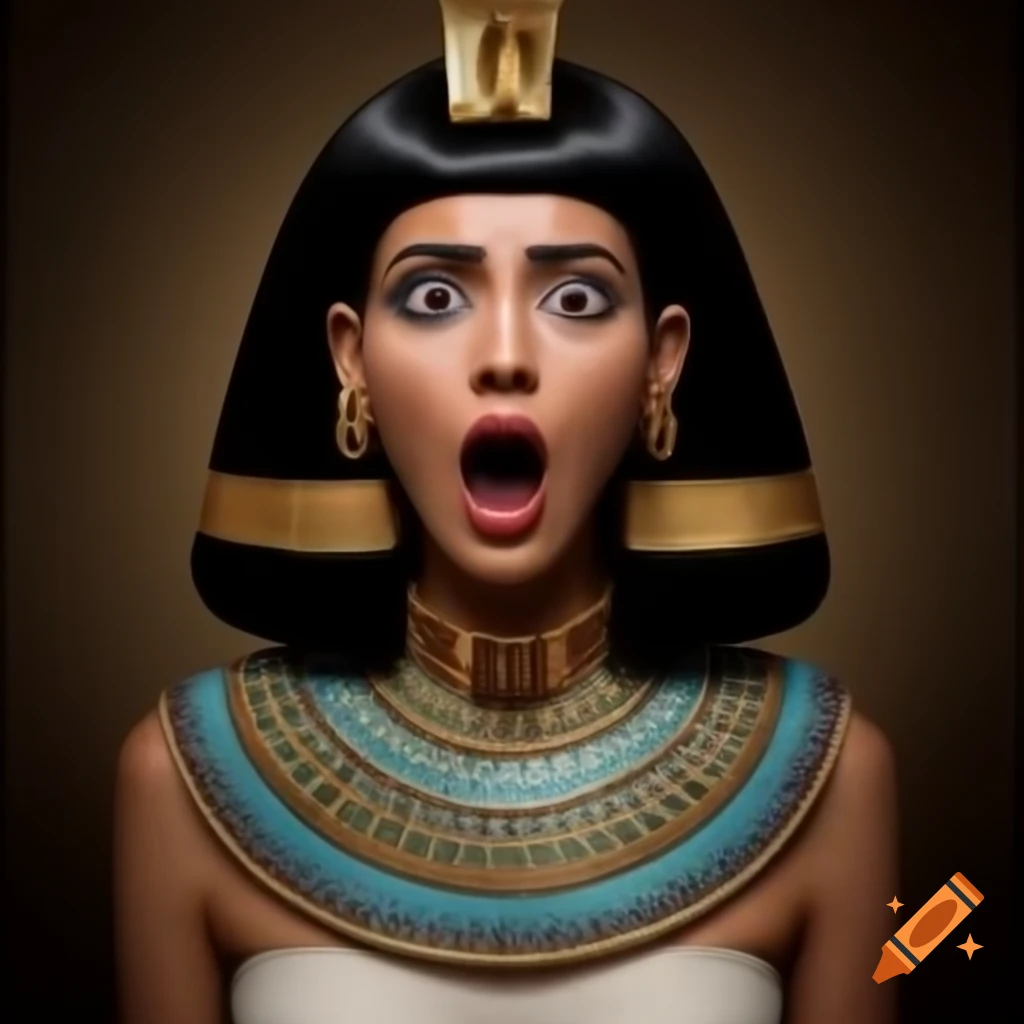 Elegant Egyptian queen with surprised expression in photography style ...