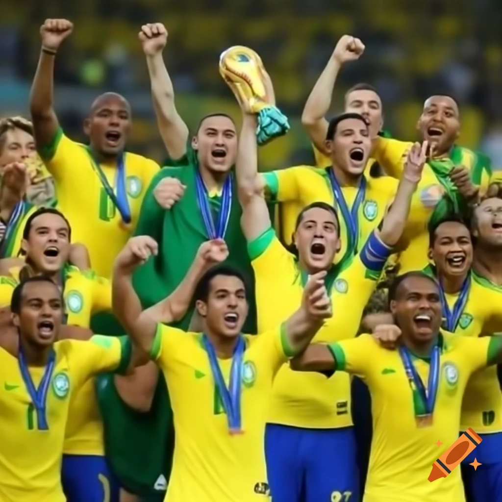 Neymar lifting FIFA World Cup 2014 with Brazil national team on Craiyon