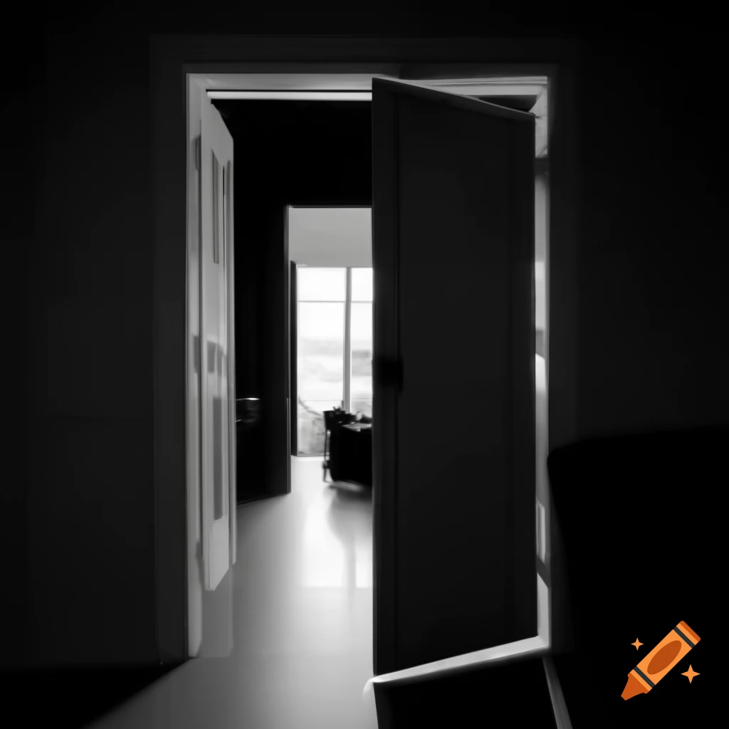 Dimly lit corridor leading to living room with sofa visible in dark ...