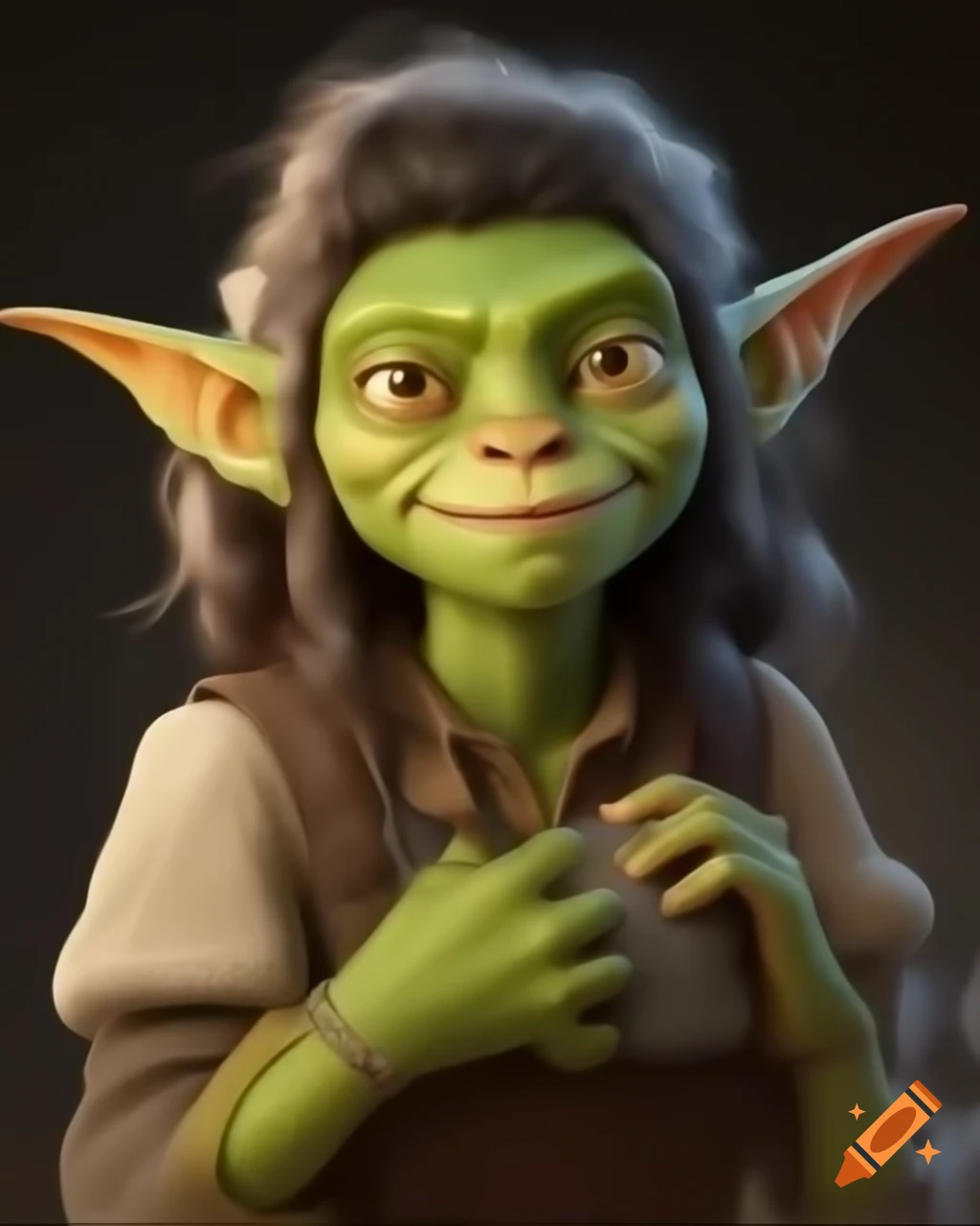 Green-skinned goblin girl mechanic winking playfully in anime style on ...