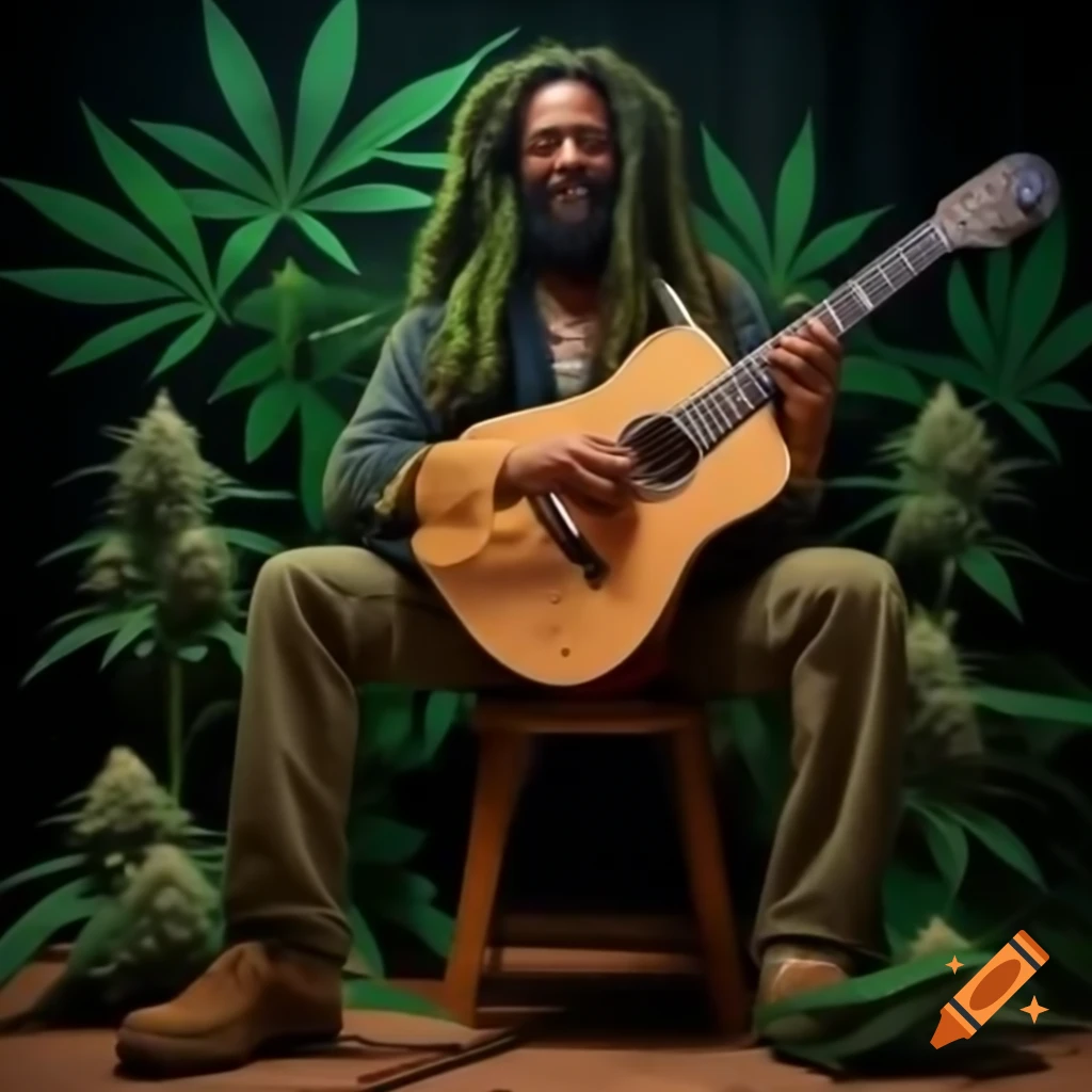 Reggae star Lucky Dube holding a guitar on stage with marijuana plant ...