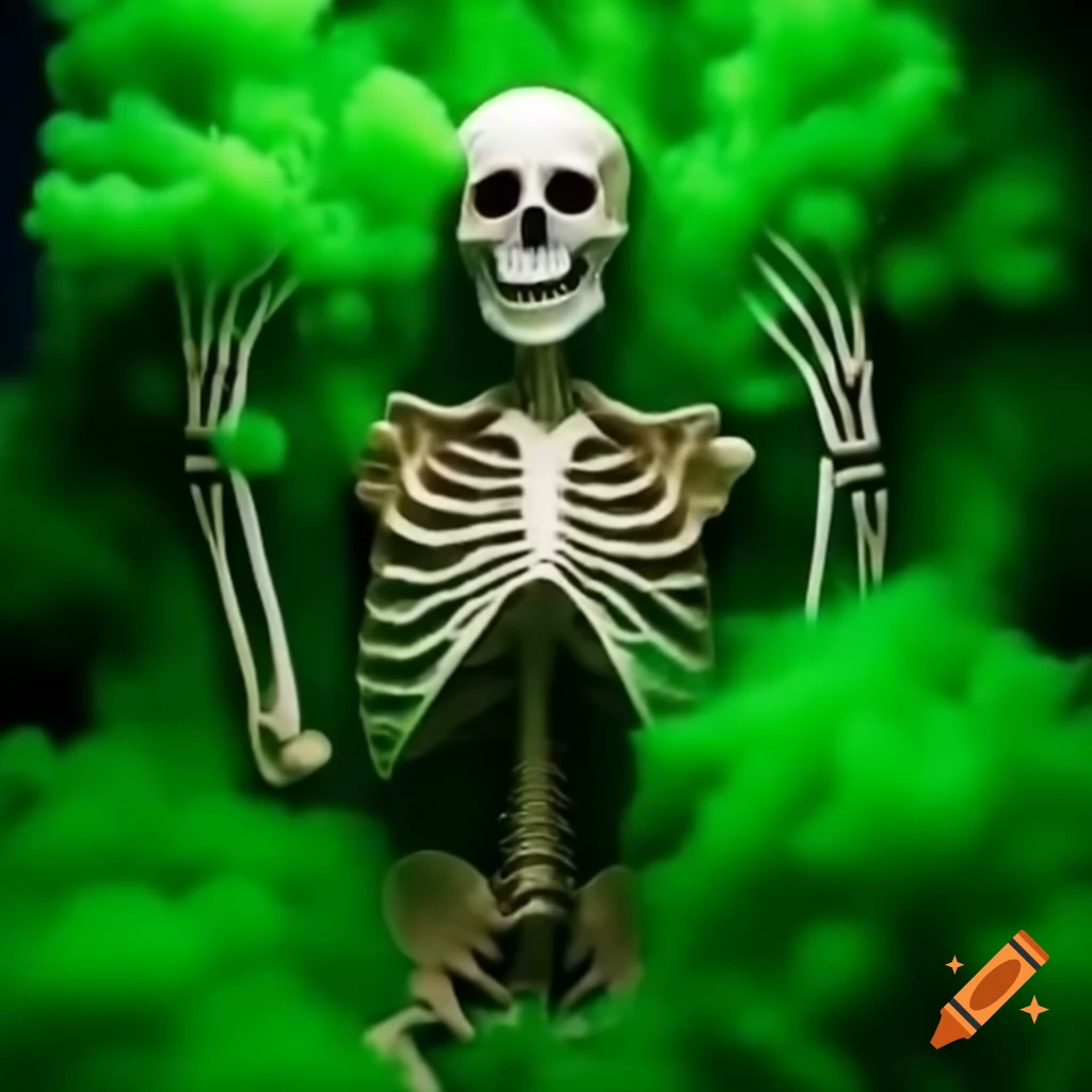 Skeleton surrounded by toxic green fumes and vapors on Craiyon