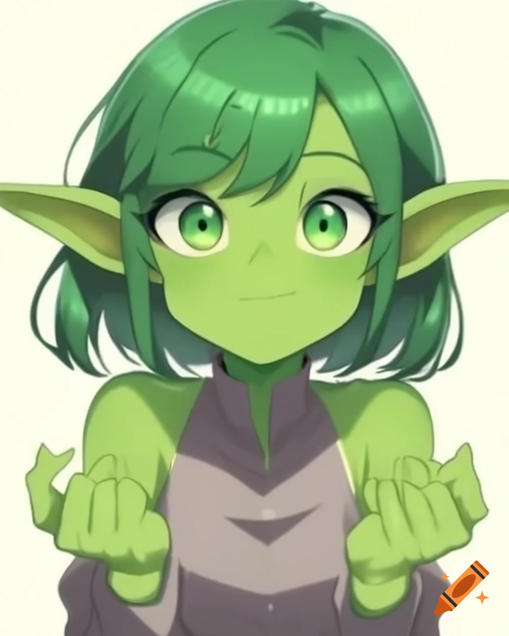 Green-skinned goblin girl winking playfully in anime style on Craiyon
