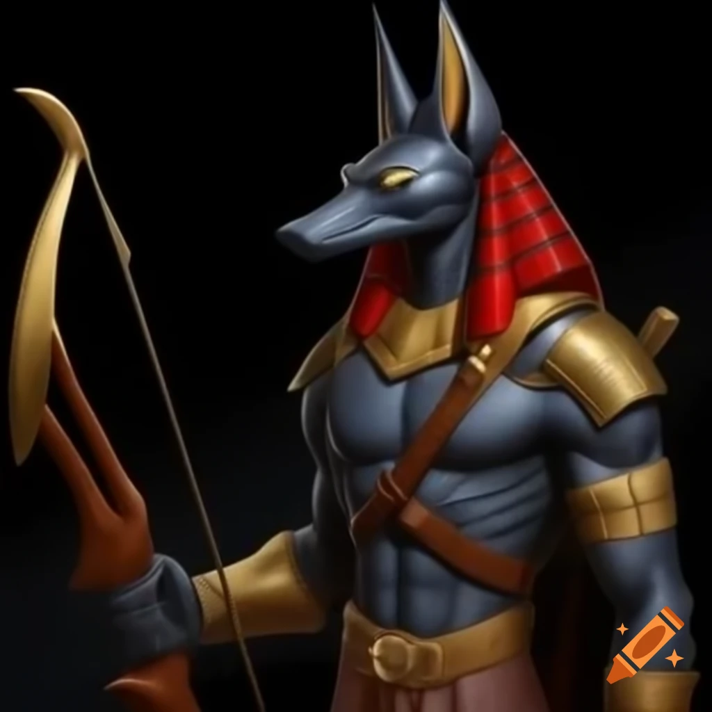 Man with Anubis features holding bow and arrow in gold leather armor on ...