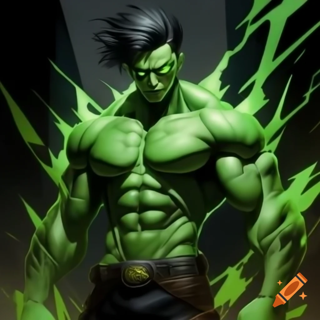 Stylized green superhero with glowing eyes and muscular build on Craiyon