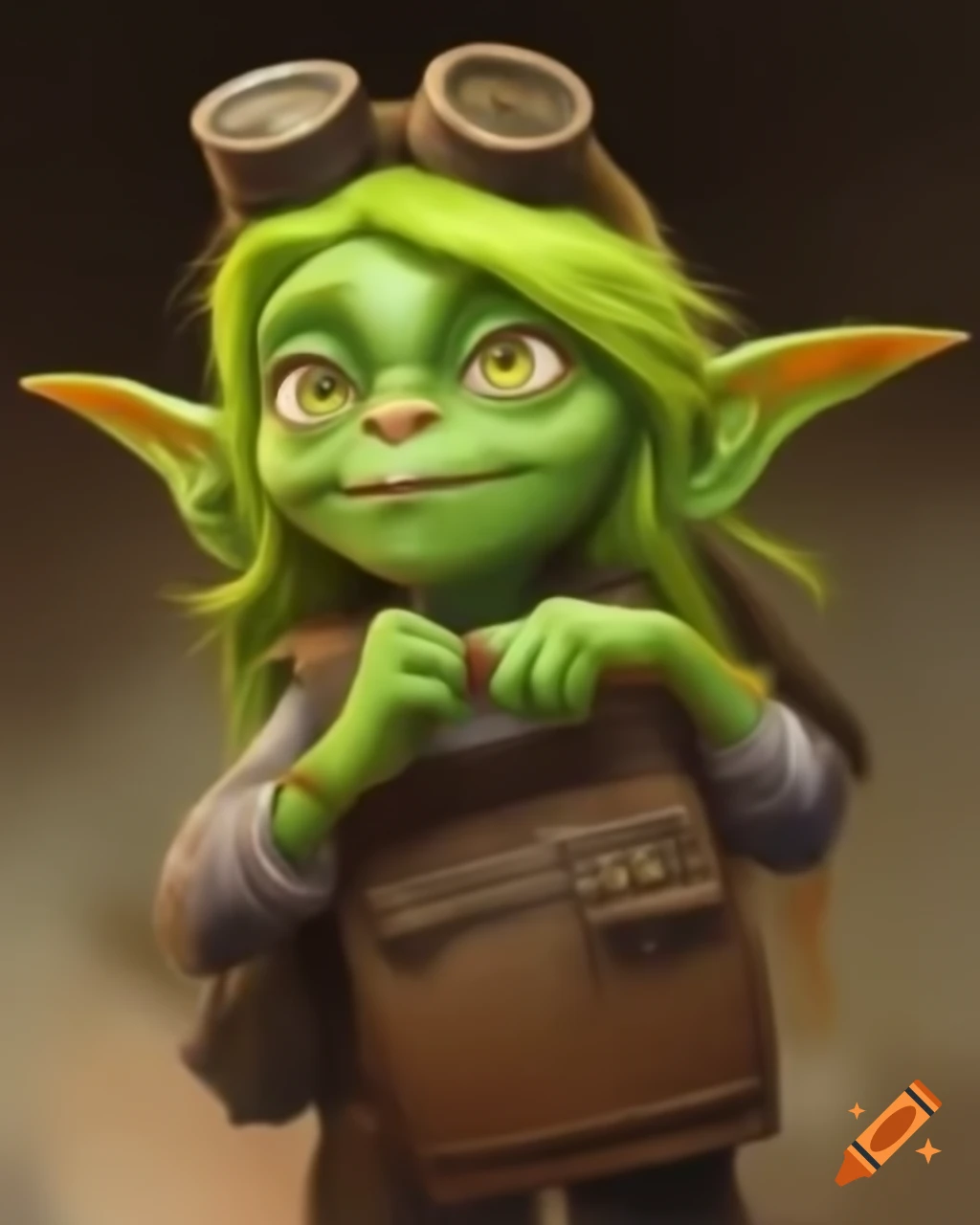 Playful green-skinned goblin girl mechanic winking, anime style on Craiyon