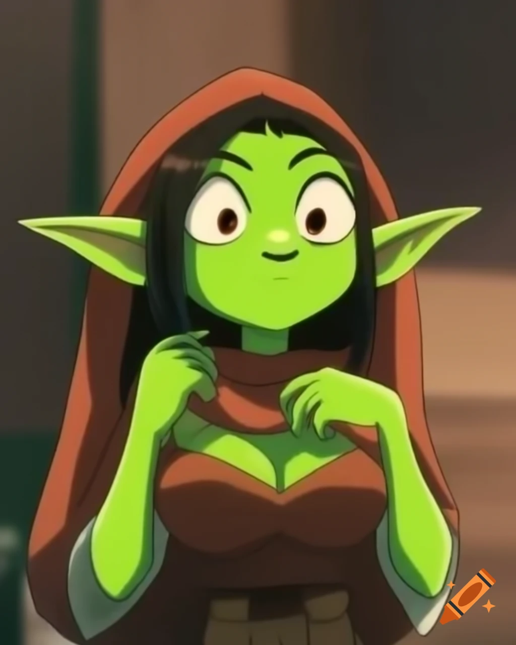 Playful green-skinned goblin girl winking in anime style on Craiyon