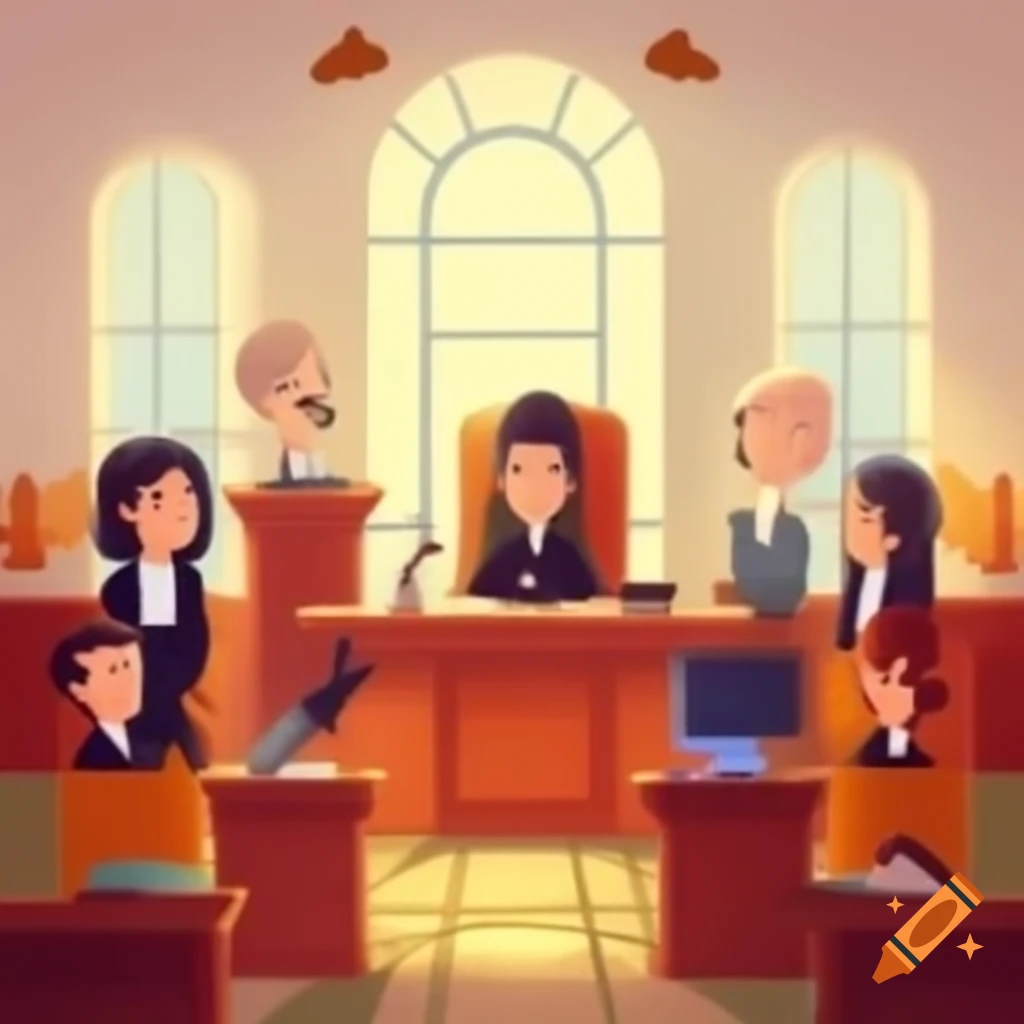 Cartoon courtroom scene with faceless characters: judge, lawyer ...