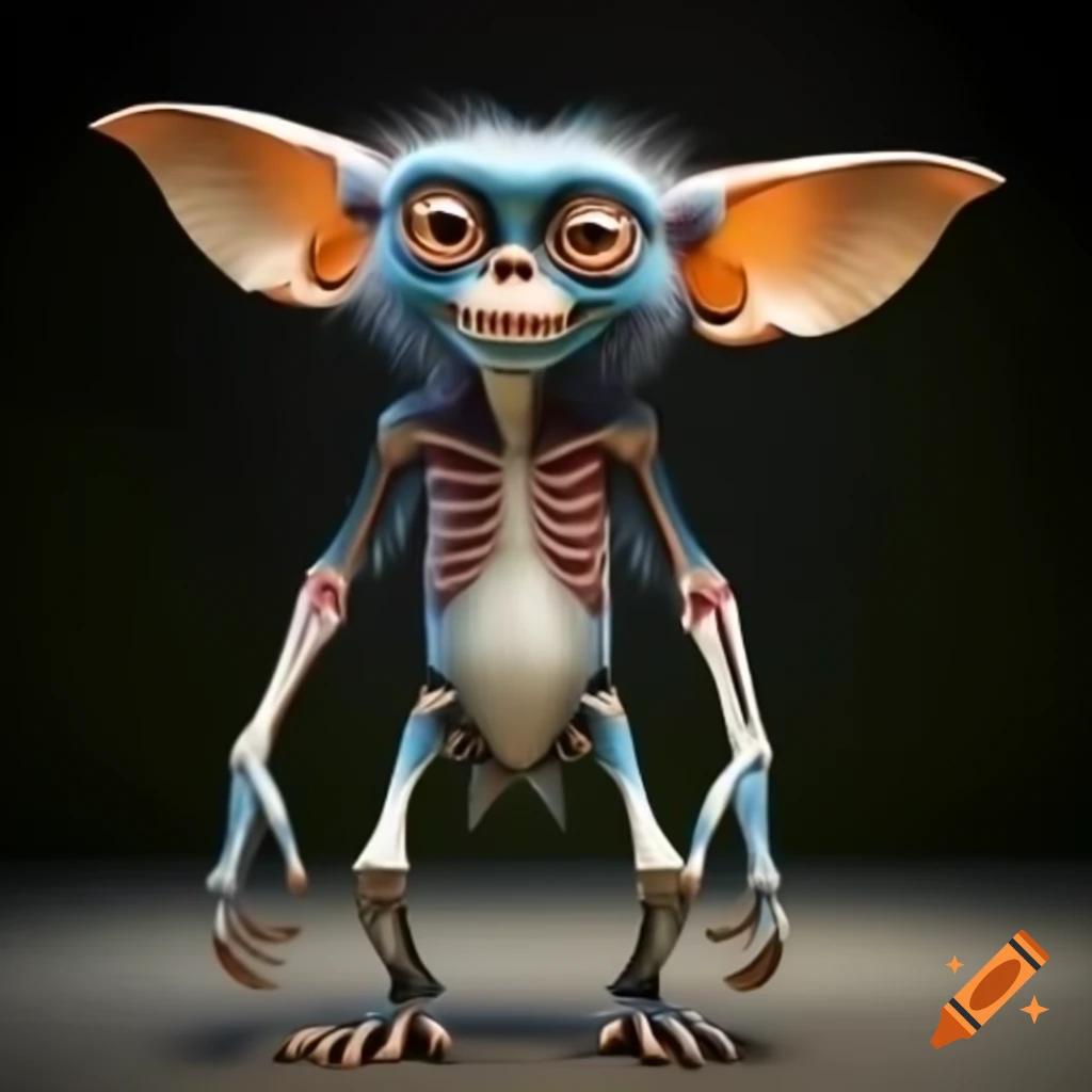 Whimsical cartoon anatomy visualization of an upright gremlin on Craiyon