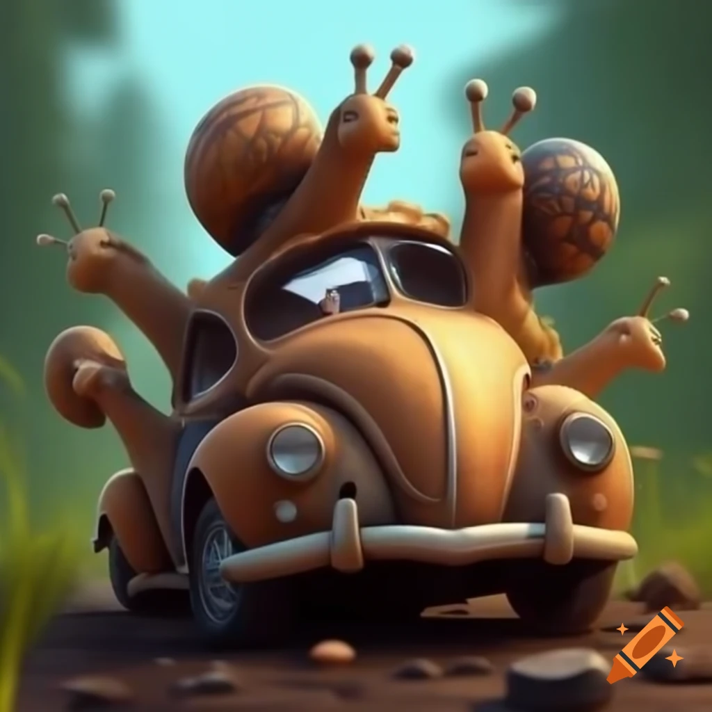 Five old snails driving a wrecked car, whimsical scene on Craiyon