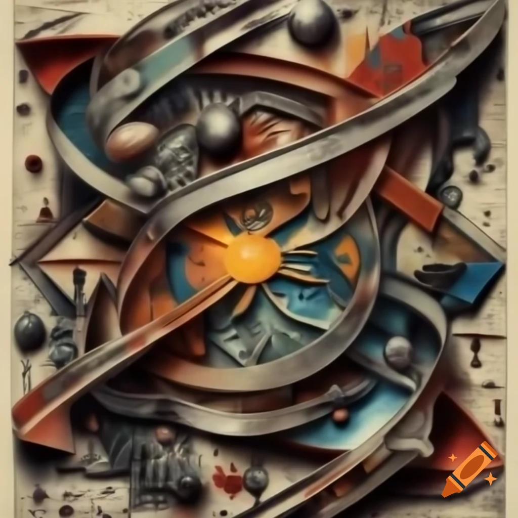 Dynamic fusion of old engraving and neo-expressionist composition with abstract shapes and ...