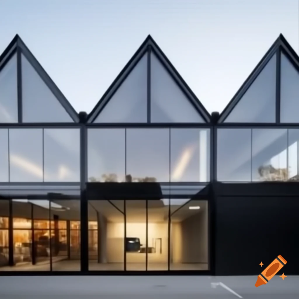 Elevation of three gable end buildings with glass, timber fins, and ...