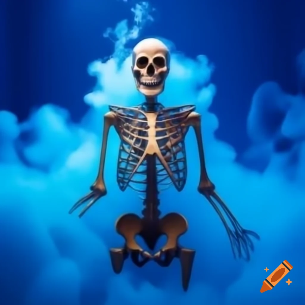 Skeleton surrounded by toxic blue fumes and vapors on Craiyon