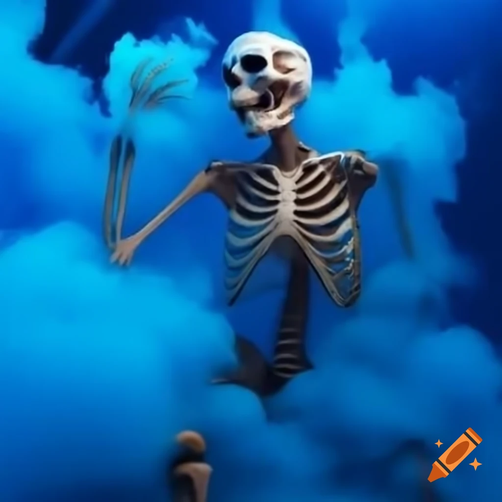 Skeleton surrounded by toxic blue fumes and vapors on Craiyon