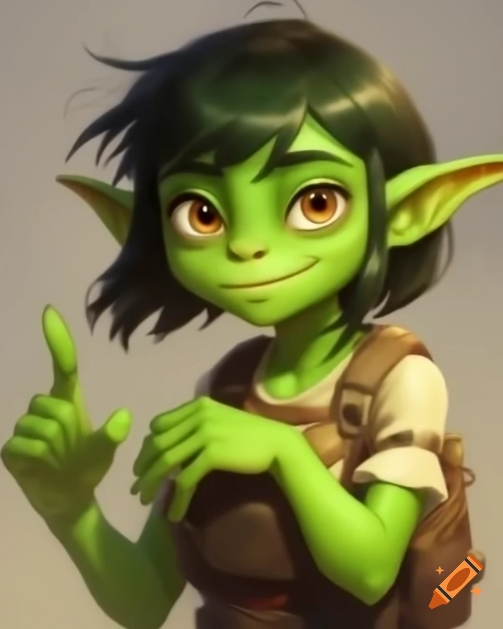 Green-skinned goblin girl winking playfully in anime style on Craiyon