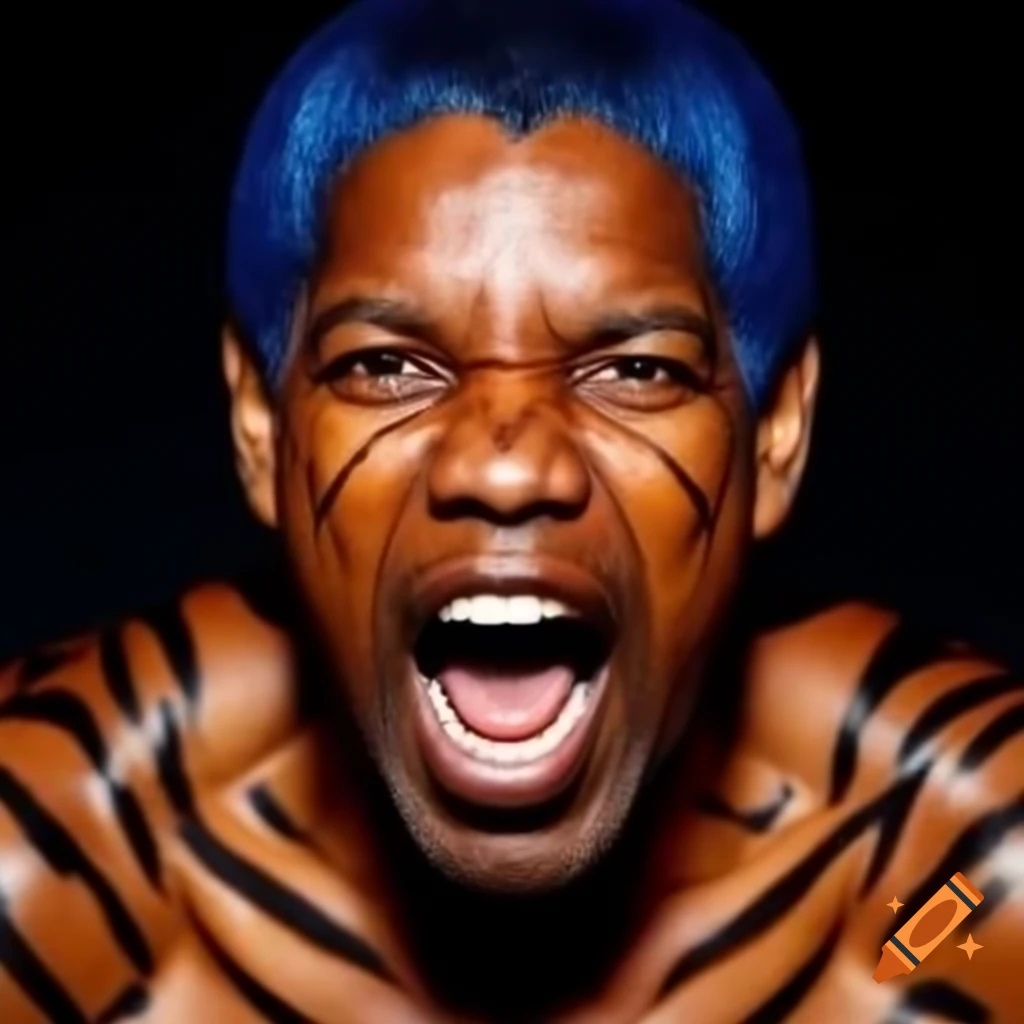 Muscular man with tiger-style makeup featuring blue hair and orange ...