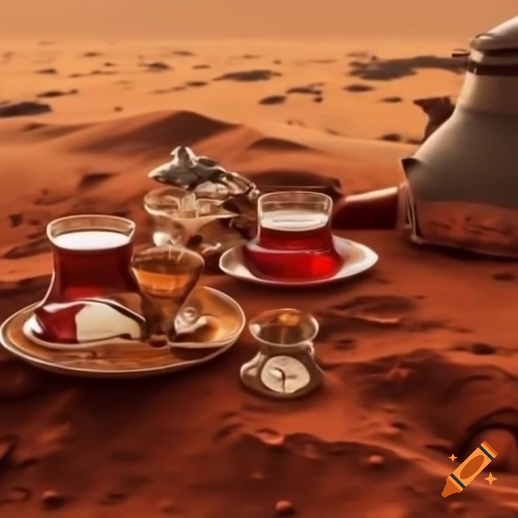 Turkish tea shop on Mars with astronauts drinking tea amidst red ...