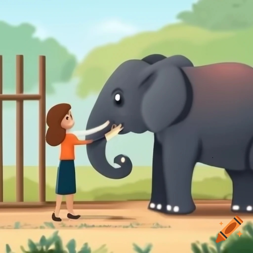 Woman petting elephant at zoo with bars, illustrated style on Craiyon