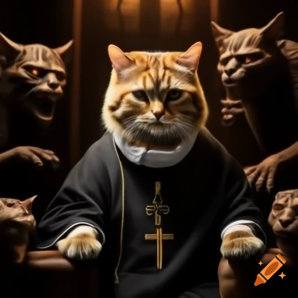 Cat in priest robes performing exorcism on another cat on Craiyon