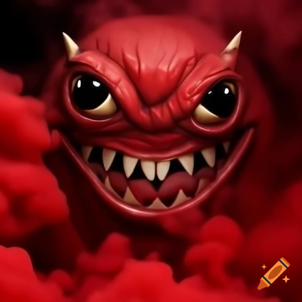Fearsome red creature with black eyes and red smoke on Craiyon
