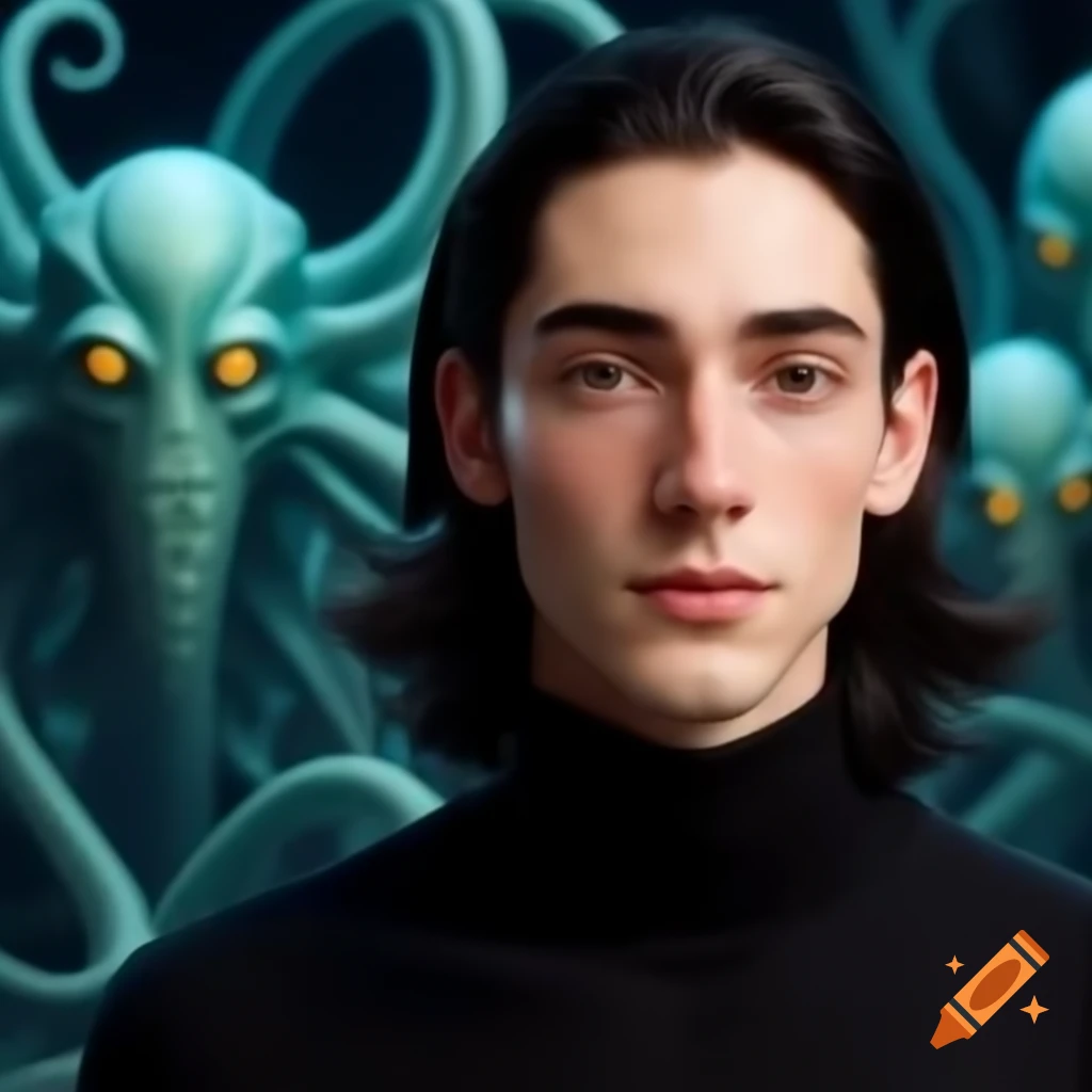 Young man in black turtleneck presenting AI concept with Lovecraftian ...