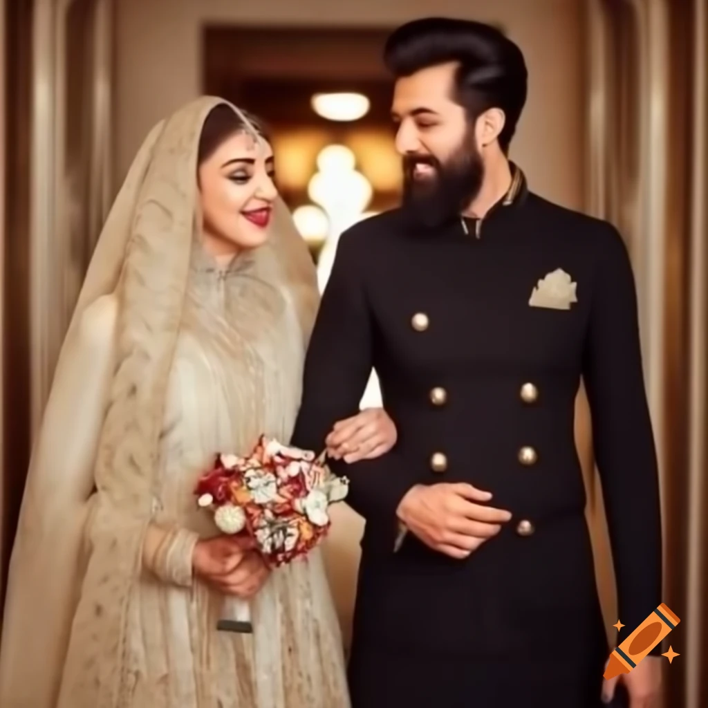 Groom in black Pakistan army mess kit and bride in ivory bridal dress ...