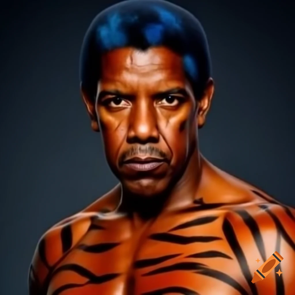 Muscular man with tiger-style makeup featuring blue hair and orange ...