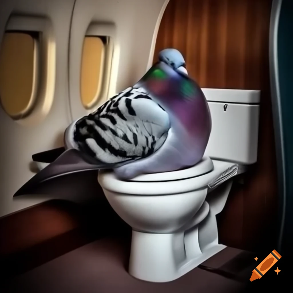 Overweight pigeon sitting on toilet in luxurious airplane interior on ...