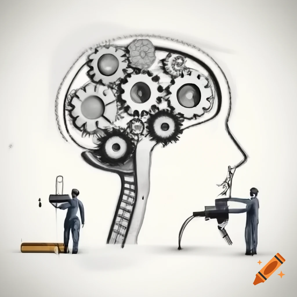 Side view sketch of mechanical brain with gears and a mechanic working on Craiyon