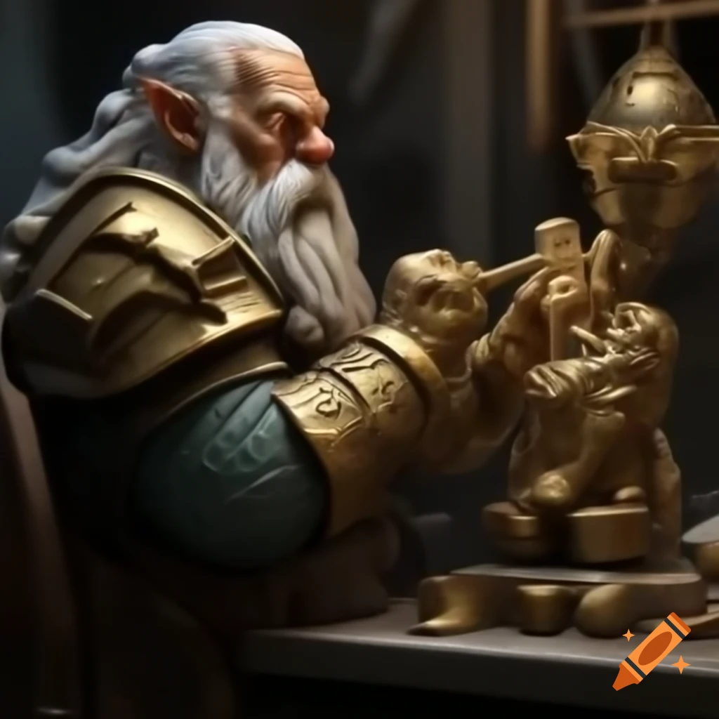 Dwarven smith creating gold statues in a forge on Craiyon