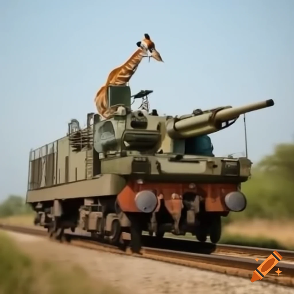 Giraffe driving low-rail car with automatic weapon on Craiyon