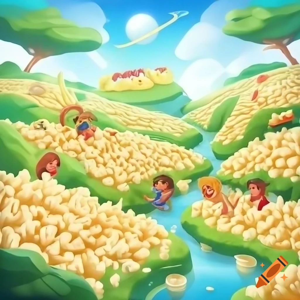 Magical popcorn field with popcorn trees and colorful snacky hills on ...