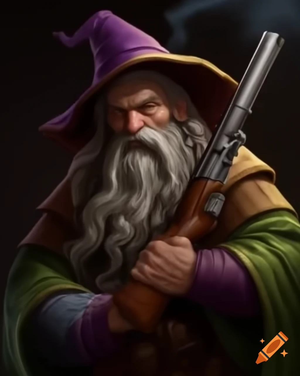 Wizard holding shotgun and cigar on Craiyon