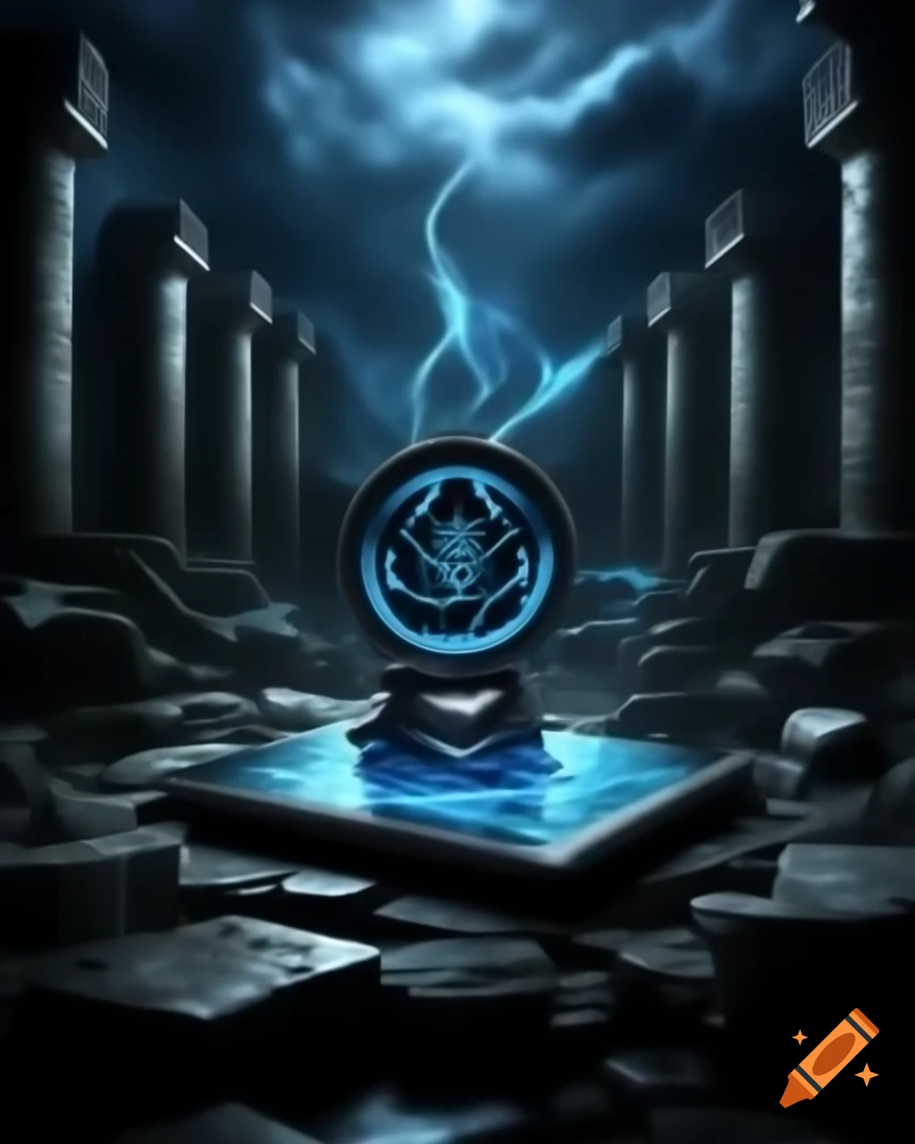 Mystical sigil on obsidian tablet with blue magic aura in ancient ruins ...