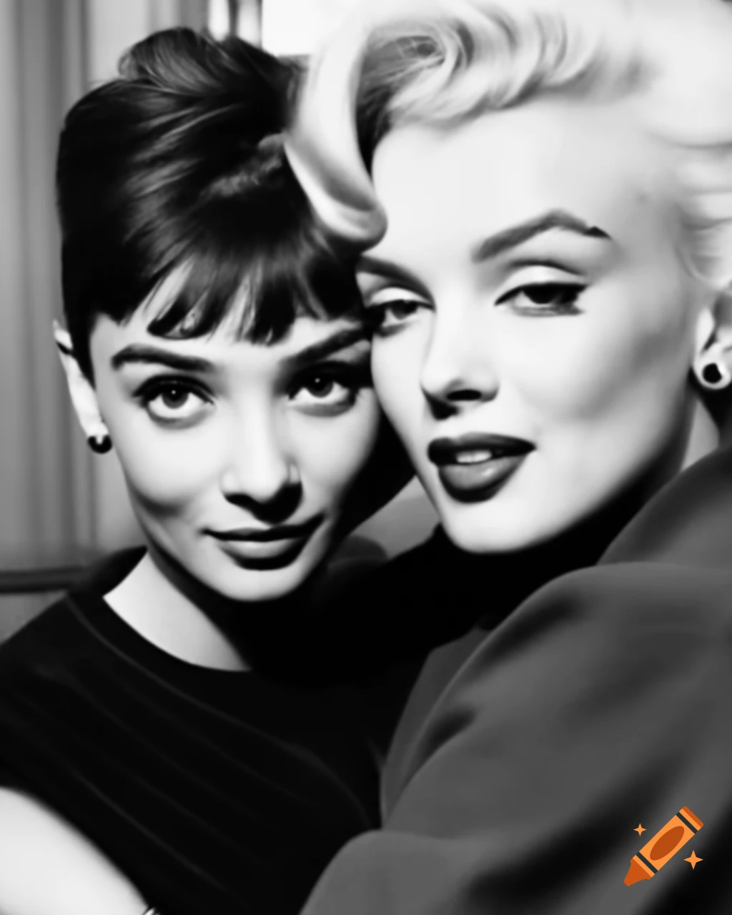 Close-up selfie of Audrey Hepburn and Marilyn Monroe smiling on Craiyon