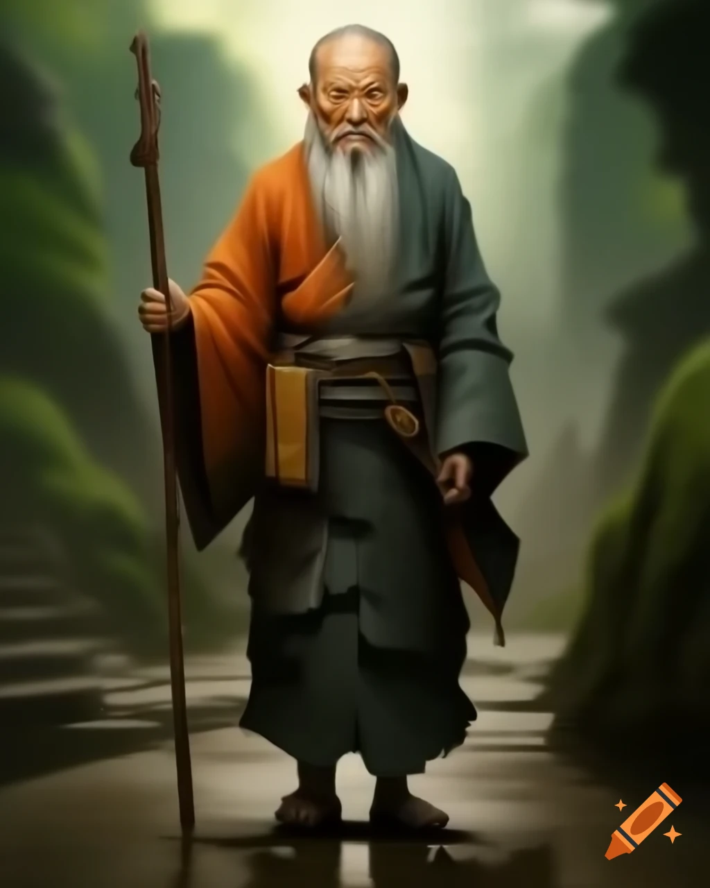 Old Chinese monk with staff walking down path in fantasy art on Craiyon