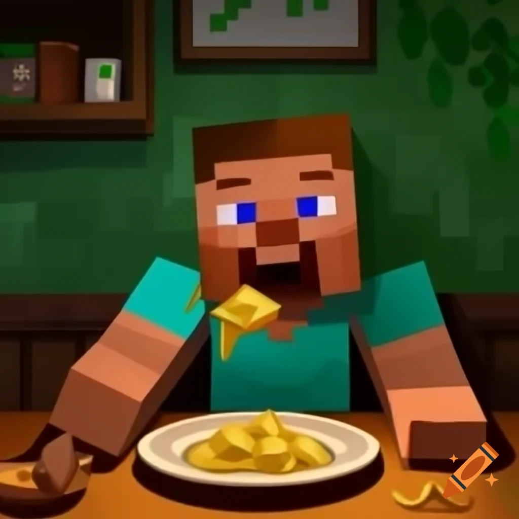 Minecraft character Steve enjoying a plate of ravioli on Craiyon