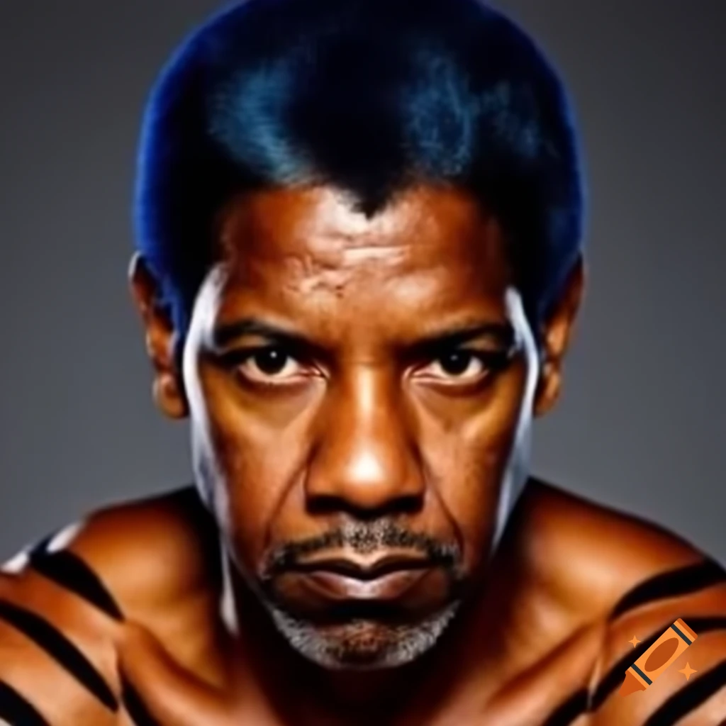 Denzel Washington with tiger-style makeup featuring blue hair and ...