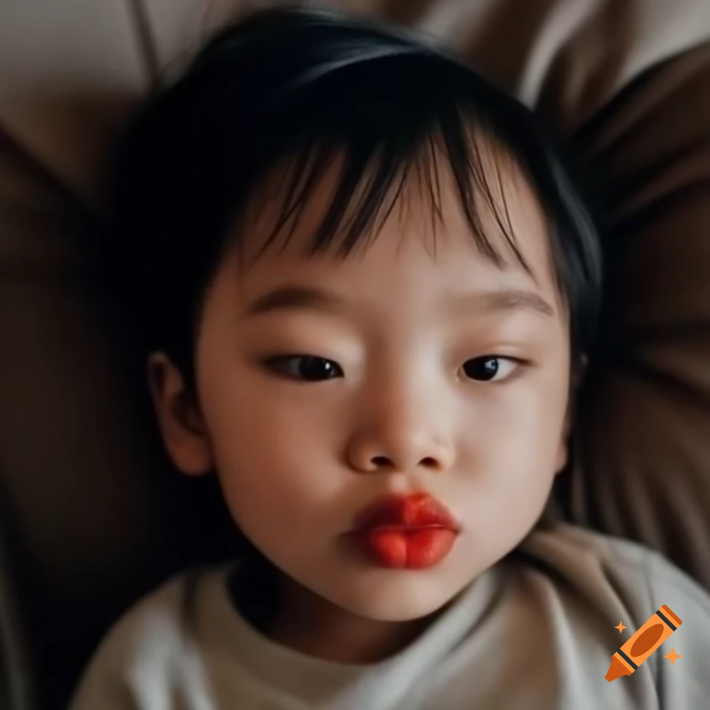 Cute Asian boy relaxing on couch with long hair and red lips on Craiyon