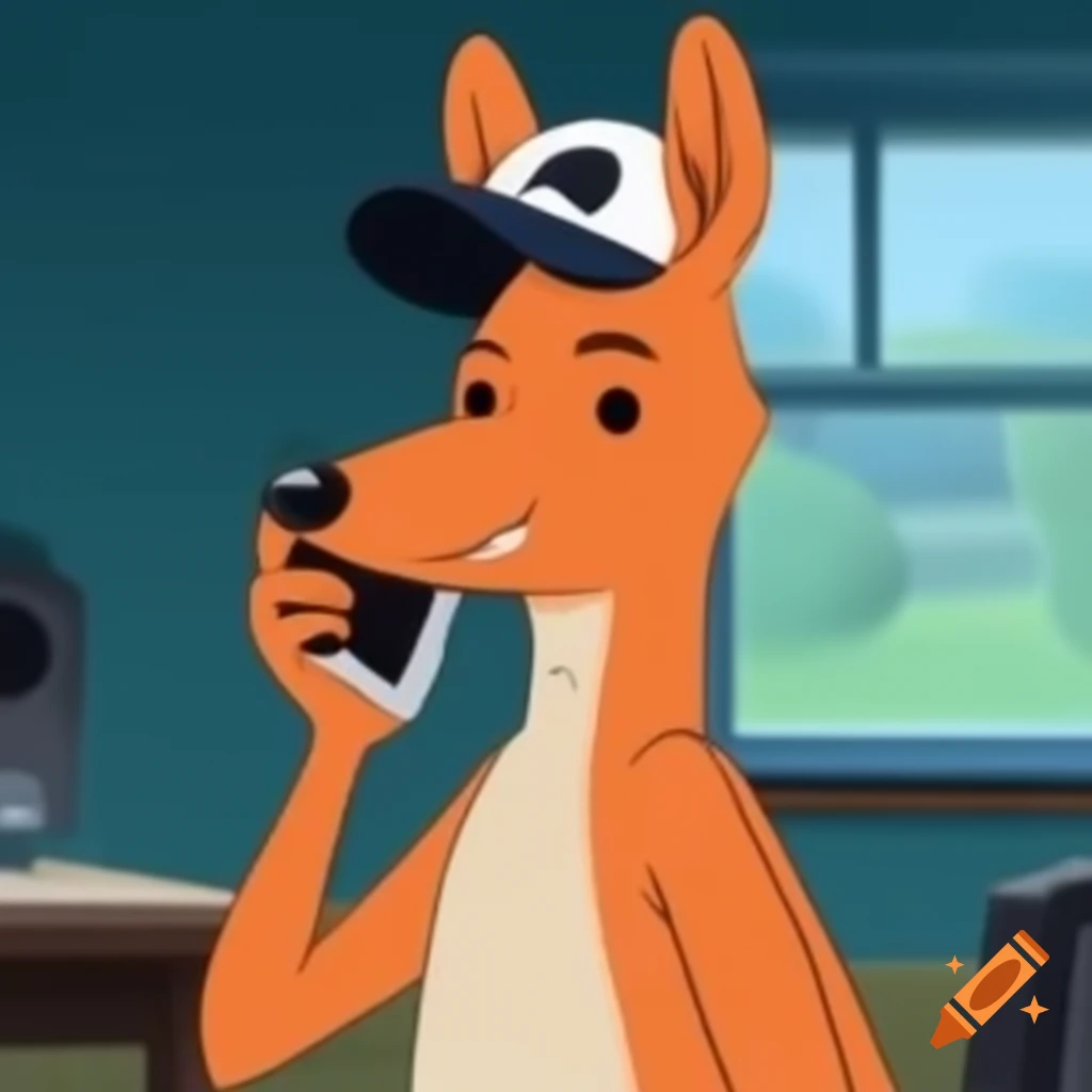 Cartoon kangaroo wearing baseball cap and using phone in studio on Craiyon