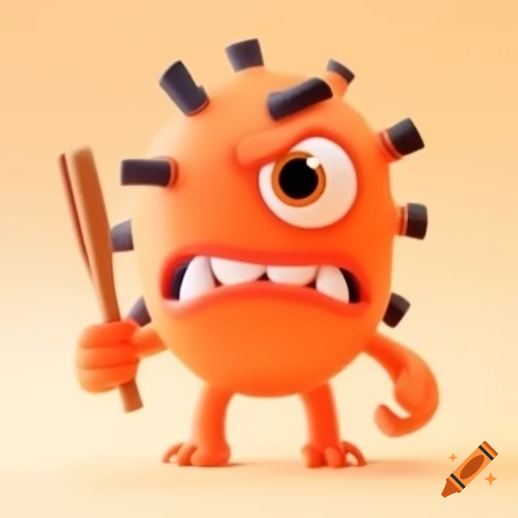 3D cartoon cyclops in orange and black holding a wooden club on Craiyon