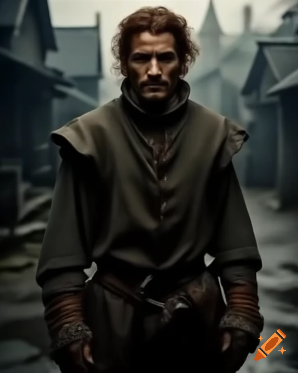 Medieval man in ragged clothes with foggy village background, eerie ...