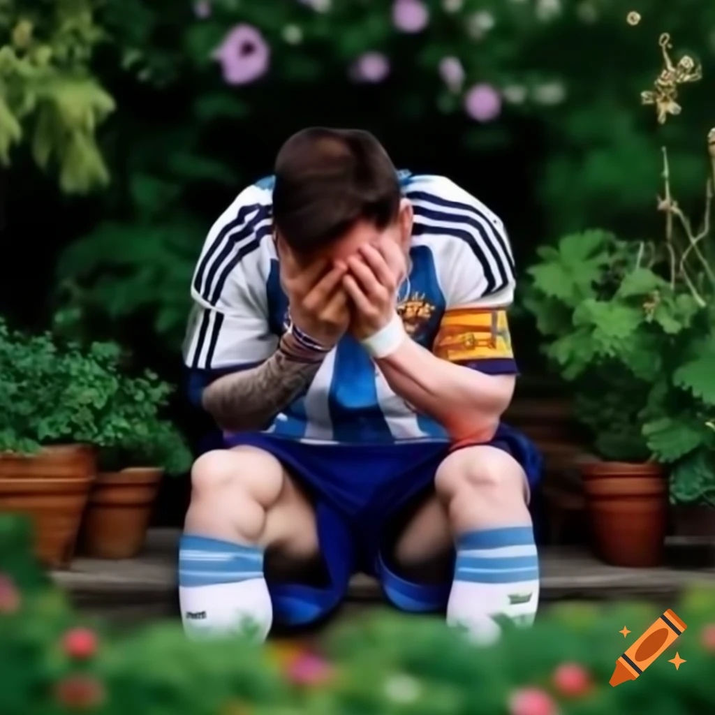 Lionel Messi emotional in a garden setting on Craiyon